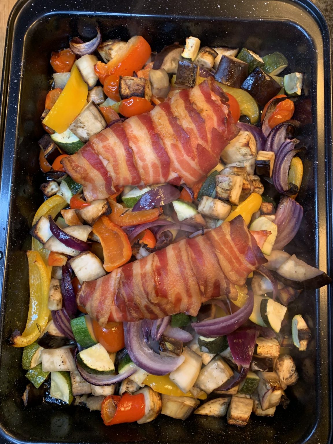 Quick and Easy One Tray Hiddle Hut Recipe: Pancetta wrapped chicken and ...